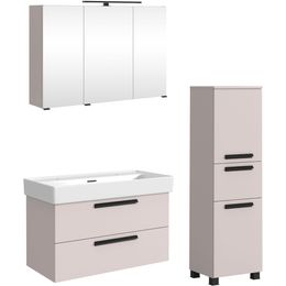 Badmöbel-Set Welltime "SALVADA, 3tlg-Set, gedämpfte Scharniere, Softclose, Keramikbecken", kaschmir, B:140cm H:200cm T:47,5cm, MDF, Kastenmöbel-Sets, Kaschmir, Keramikbecken 1 od. 2 Armaturlochbohrungen