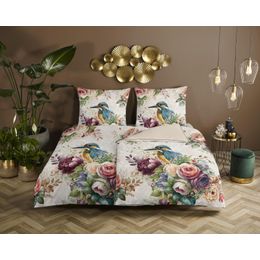 Wendebettwäsche Descanso "Verde", beige (sand), B/L: 155cm x 220cm, 1 Stk., 1 Stk., Satin, B/L: 80cm x 80cm, 2 Stk., Satin, Obermaterial: 100% Baumwolle, Bettwäsche, Mako Satin, 135x200, Biese, Reißverschluss, Wendeoptik, Blumen, Sand