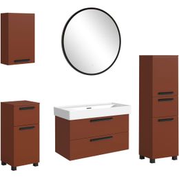 Badmöbel-Set Welltime "SALVADA, 5tlg-Set, gedämpfte Scharniere, Softclose, Keramikbecken", rot, B:180cm H:200cm T:47,5cm, MDF, Kastenmöbel-Sets, Rot, Keramikbecken 1 od. 2 Armaturlochbohrungen