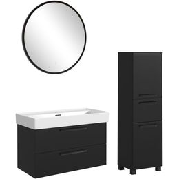 Badmöbel-Set Welltime "SALVADA, 3tlg-Set, gedämpfte Scharniere, Softclose, Keramikbecken", schwarz, B:140cm H:200cm T:47,5cm, MDF, Kastenmöbel-Sets, Schwarz, Keramikbecken 1 od. 2 Armaturlochbohrungen