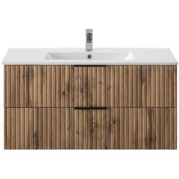 Waschtisch Welltime "Trento in verschiedenen Ausführungen Unterschrank inkl. Waschbecken", braun (wotaneiche m. rillenfront, wotaneiche), B:100cm H:52cm T:45cm, Waschtische, Badmöbel in Breite 100 cm, Waschplatz mit 2 Schubladen, Badschrank