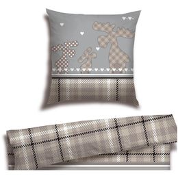 Bettwäsche Schiesser "Salous aus weichem Baumwollflanell mit Winterprint", beige (taupe), B/L: 135cm x 200cm, 1 Stk., 1 Stk., Feinbiber, B/L: 80cm x 80cm, 2 Stk., Feinbiber, Obermaterial: 100% Baumwolle, Bettwäsche, Made in Green