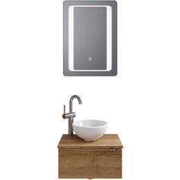 Badmöbel-Set SAPHIR "Serie 6915", braun (riviera eiche, riviera eiche), B:51cm H:200cm T:35cm, Kastenmöbel-Sets, Gäste-Bad, 51 cm breit, mit LED-Spiegel und 1 Tür