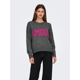 Rundhalspullover Only "ONLNEW AMOUR LS TEXT O-NECK CS KNT", Damen, Gr. S, medium grau melange detail:fuchsia lila amour, Strick, Obermaterial: 78% Polyacryl, 18% Polyester, 4% Nylon, gemustert, regular fit, Rundhals, Pullover
