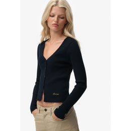 Langarmshirt Superdry "ESSENTIAL BUTTON THRU LS TOP", Damen, Gr. L, eclipse navy, Single Jersey, Obermaterial: 100% Baumwolle, unifarben, skinny fit, tiefer Rundhals, Shirts