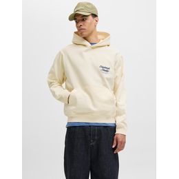 Jack & Jones Kapuzensweatshirt JACK & JONES "JORNORREBRO TYPO BACK SWEAT HOOD SN", Herren, Gr. M, antique weiß, angeraute Sweatware, Obermaterial: 89% Baumwolle, 11% Polyester, bedruckt, relaxed fit normal, ohne Ausschnitt, Rippbündchen, Sweatshirts, mit Print
