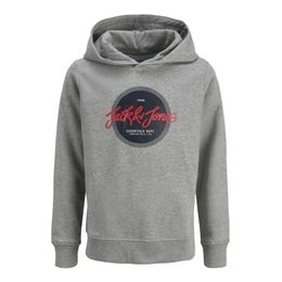 Jack & Jones Kapuzensweatshirt JACK & JONES JUNIOR "JJURBAN SWEAT HOOD JNR", Jungen, Gr. 128, grau (light grau melange), angeraute Sweatware, Obermaterial: 70% Baumwolle, 30% Polyester, bedruckt, regular fit normal, Rippbündchen, Sweatshirts