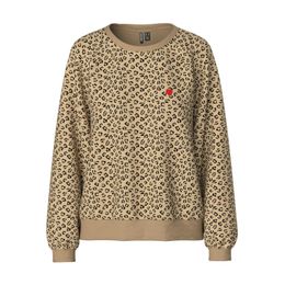Sweatshirt Pieces "PCGRETA LS EMB UB SWEAT FC", Damen, Gr. L, cloud dancer aop:leopard, rot heart emb, Sweatware, Obermaterial: 78% Baumwolle, 22% Polyester, animal-print, bedruckt, regular fit normal, Rundhals, Rippbündchen, Sweatshirts