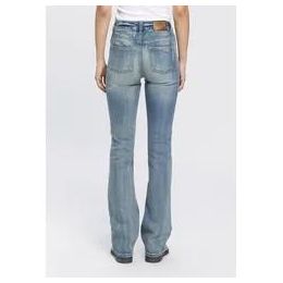 Bootcut-Jeans Arizona "Baby Bootcut", Damen, Gr. 76, K + L Gr, blau (mid, blau, use), Denim/Jeans, Obermaterial: 69% Baumwolle, 29% Polyester, 2% Elasthan, Abriebeffekte, Basic, bootcut fit, Jeans, leicht ausgestelltes Bein, hohe Leibhöhe, Topseller