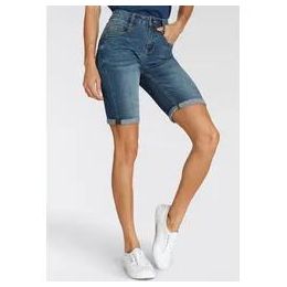 H.I.S. Jeansshorts H.I.S "duffyHS", Damen, Gr. 38, Länge 32, dkbl used, Denim/Jeans, Obermaterial: 73% Baumwolle, 25% Polyester, 2% Elasthan, schmal kurz, Jeans, schmale Beinform, krempelbare Beinabschlüsse, normale Leibhöhe