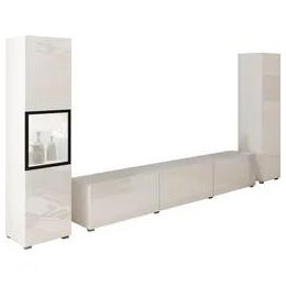 Wohnwand Inosign "BERLIN III, Vitrine Türschlag links/rechts wechselbar", weiß (weiß matt, weiß hochglanz), B:260cm H:130cm T:33cm, ABS-Kunststoff, Glas, Hartfaserplatte, Kastenmöbel-Sets, moderne grifflose Mediawand Breite 260 cm, Vitrine mit Verglasung
