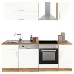 Küchenzeile KOCHSTATION "KS-Colmar", weiß (küche: braun, korpus: wotaneichfarben, arbeitsplatte: wotaneichfarben), B/H/T: 210cm x 60cm, Komplettküchen-Sets, mit E-Geräten, Breite 210 cm