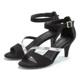 Sandalette Lascana "Sommerschuh", Damen, Gr. 36, schwarz (schwarz, silberfarben), Obermaterial: 100% Textilmaterial. Futter: 100% Lederimitat. Decksohle: 100% Lederimitat. Laufsohle: 100% Synthetik, metallic, unifarben, Schuhe Riemchensandale Sandalette, High-Heel-Sandalette,Riemchensandalette,Sommerschuh mit Riemchen VEGAN