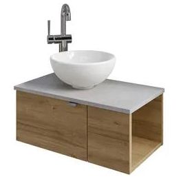 Waschtisch SAPHIR "Serie 6915 Waschschale mit Unterschrank für Gästebad, Gäste WC", braun (riviera eiche, oxid hellgrau, riviera eiche quer nb), B:61cm H:39,8cm T:35cm, Waschtische, 61 cm breit, 2 Türen, offenes Fach, kleine Bäder, ohne Armatur