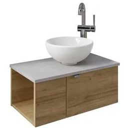 Waschtisch SAPHIR "Serie 6915 Waschschale mit Unterschrank für Gästebad, Gäste WC", braun (riviera eiche, oxid hellgrau, riviera eiche quer nb), B:61cm H:39,8cm T:35cm, Waschtische, 61 cm breit, 2 Türen, offenes Fach, kleine Bäder, ohne Armatur