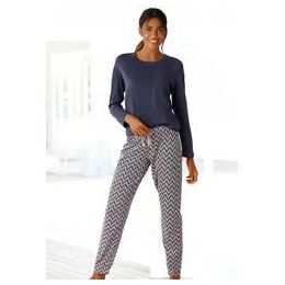 Pyjama Vivance DREAMS, Damen, Gr. 40/42, blau (dunkelblau, gemustert), Single Jersey, Obermaterial: 100% Baumwolle, gemustert, Basic, bequem lang, Rundhals, eingesetzt, Homewear-Sets, mit gemusterter Schlafhose