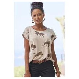 T-Shirt Lascana "mit Leoparden-Motiv", Damen, Gr. 44/46, bunt (leo, bedruckt), Obermaterial: 50% Polyester, 50% Viskose, animal-print, figurumspielend normal, Rundhals, Aufschlag, Shirts, aus weicher Viskose-Qualität
