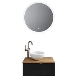 Badmöbel-Set SAPHIR "Serie 6915", schwarz (schwarz matt select, riviera eiche), B:70cm H:200cm T:35cm, Kastenmöbel-Sets, Gäste-Bad, 70 cm breit, mit LED-Spiegel, offenem Fach und 2 Türen