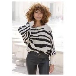 Strickpullover Lascana, Damen, Gr. 40/42, beige (beige, schwarz), Strick, Obermaterial: 50% Baumwolle, 50% Polyacryl, colorblocking, figurumspielend hüftlang, U-Boot-Ausschnitt, weit Rippstrickbündchen, Pullover, mit Zebramuster, Jaquardpullover, Fledermausärmel, modisch
