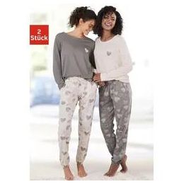 Pyjama Vivance DREAMS, Damen, Gr. 52/54, rosa (rosa, grau), Single Jersey, Obermaterial: 60% Baumwolle, 40% Polyester, gemustert, Basic, loose fit lang, Rundhals, eingesetzt angesetztes Bündchen, Homewear-Sets, mit Herz-Print, Topseller