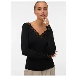 Véro Moda Langarmshirt VERO MODA "VMSKYE LS V-NECK LACE TOP JRS NOOS", Damen, Gr. M, schwarz, Jersey, Obermaterial: 86% Modal, 8% Wolle, 6% Elasthan, unifarben, hüftlang, V-Ausschnitt, Shirts