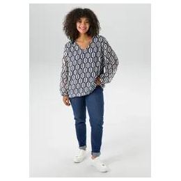 Schlupfbluse ANISTON PLUS, Damen, Gr. 48, blau (marine, weiß), Web, Obermaterial: 100% Polyester. Futter: 95% Viskose, 5% Elasthan, gemustert, figurumspielend Po-bedeckend, V-Ausschnitt, mit Gummizug, Blusen, mit grafischen Druck - NEUE KOLLEKTION, Topseller