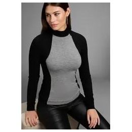Rollkragenpullover Bruno Banani, Damen, Gr. 38, schwarz (graumel, schwarz), Strick, Obermaterial: 50% Viskose, 28% Polyester, 22% Polyamid, colorblocking, mehrfarbig, meliert, figurbetont hüftlang, Rippbündchen, Pullover, figurschmeichelndes Colorblocking - NEUE KOLLEKTION