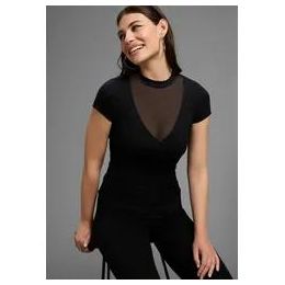 T-Shirt Bruno Banani, Damen, Gr. 32/34, schwarz, Jersey, Obermaterial: 95% Viskose, 5% Elasthan. Einsatz: 95% Polyester, 5% Elasthan, Mesh, leicht transparent, unifarben, figurbetont hüftbedeckend, hoch geschlossener Ausschnitt, Shirts, mit Mesh-Einsatz im V-Ausschnitt - NEUE KOLLEKTION