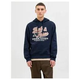 Jack & Jones Kapuzensweatshirt JACK & JONES "JJELOGO SWEAT HOOD 2 COL 25/26 NOOS", Herren, Gr. L, blau (sky captain), angeraute Sweatware, Obermaterial: 70% Baumwolle, 30% Polyester, bedruckt, regular fit normal, Rundhals, Rippbündchen, Sweatshirts, mit stylischem Print