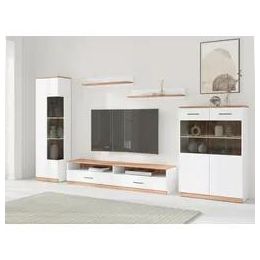 Wohnwand Home Affaire "Ribe Wohnwand Set-5 St.", weiß, kernbuche, Holzwerkstoff, Massivholz, Kastenmöbel-Sets, Holz Wohnwände Wohnwand, Glaseinsatz aus gehärtetem Glas,Böden teilweise versetzbar