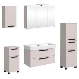 Badmöbel-Set Welltime "SALVADA, 5tlg-Set, gedämpfte Scharniere, Softclose, Keramikbecken", kaschmir, B:180cm H:200cm T:47,5cm, MDF, Kastenmöbel-Sets, Kaschmir, Keramikbecken 1 od. 2 Armaturlochbohrungen