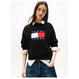 Strickpullover Tommy Jeans "TJW MELANGE FLAG SWEATER RIB EXT", Damen, Gr. XL (42), schwarz htr, Strick, Obermaterial: 70% Polyacryl, 23% Polyamid, 5% Wolle, 2% Elasthan, meliert, Casual, figurbetont normal, Rundhals, Pullover, in gerippter Struktur