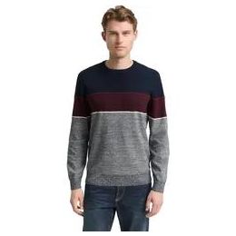 Rundhalspullover Tom Tailor, Herren, Gr. L, navy rot weiß stripe, Strick, Obermaterial: 100% Baumwolle, colorblocking, regular fit normal, Rundhals, Rippbündchen, Pullover, mit Colorblock