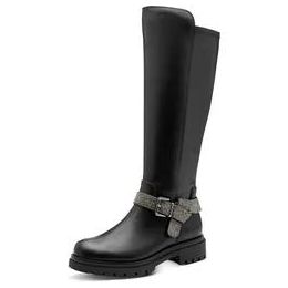 Stiefel Marco Tozzi BY GMK, Damen, Gr. 37, Normalschaft, schwarz, Lederimitat, kontrastfarbene Details, unifarben, Schuhe, Blockabsatz, Langschaftstiefel mit schmuckbesetztem Zierriegel