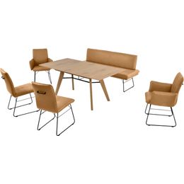 K+w Komfort & Wohnen Essgruppe K+W KOMFORT & WOHNEN "Giacomo IV", gelb (curcuma,), Leder CLOUD, Ansteckplatte, Esstischbreite 160cm,Polsterbankbreite 172cm, Sitzmöbel-Sets, Polsterbank in 2 Größen, 2 Kufenstühle, 2 Armlehnenstühle und 1 Tisch