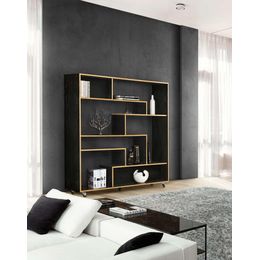 Raumteilerregal Andas "Sten", scwharz, nat, B:140 H:143 T:35, FSC-zertifizierter Holzwerkstoff, Melamin, Regale, auf Rollen, mit viel Stauraum, FSC-zertifiziert