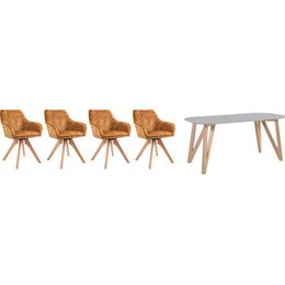 Essgruppe Salesfever "Stilvolle Essgruppe", weiß (weiß, natur, goldfarben, natur), Samtvelours, Essgruppe 5 tlg. 180x90cm, MDF, Massivholz, Polyester, Sitzmöbel-Sets, 5-teilige Samtverlours-Sitzgruppe, drehbare Stühle, 180cm Tischbreite