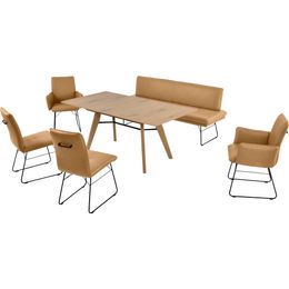 K+w Komfort & Wohnen Essgruppe K+W KOMFORT & WOHNEN "Giacomo IV", gelb (curcuma,), Leder CLOUD, Ansteckplatte, Esstischbreite 180cm,Polsterbankbreite 195cm, Sitzmöbel-Sets, Polsterbank in 2 Größen, 2 Kufenstühle, 2 Armlehnenstühle und 1 Tisch