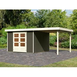 Gartenhaus Karibu "Arnis 6", grau (terragrau), ohne Fußboden, ohne Dacheindeckung, Holzwerkstoff, Gartenhäuser, mit Anbaudach