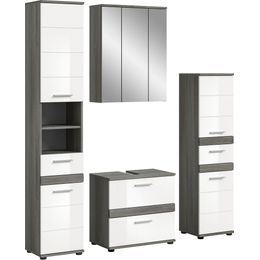 Badmöbel-Set Welltime "LUCCA, 4-teilig, TOPSELLER, MDF Hochglanzfront, bestehend aus:", weiß (rauchsilber nachbildung, weiß hochglanz), B:160cm H:191cm T:34cm, Holzwerkstoff, Kastenmöbel-Sets, Hochschrank, Waschbeckenunterschrank, Spiegelschrank, Standschrank
