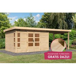 Gartenhaus Karibu "Kolimasee 7", beige (naturbelassen), Holzwerkstoff, Gartenhäuser, mit Anbaudach 3,2 m, naturbelassen