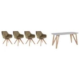 Essgruppe Salesfever "Stilvolle Essgruppe", weiß (weiß, natur, grün, natur), Samtvelours, Essgruppe 5 tlg. 180x90cm, MDF, Massivholz, Polyester, Sitzmöbel-Sets, 5-teilige Samtverlours-Sitzgruppe, drehbare Stühle, 180cm Tischbreite