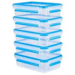 Frischhaltedose Emsa "Clip & Close Set, rechteckig, 100 % dichte Aufbewahrungsboxen", blau (transparent, blau), B:14cm H:5,5cm, Lebensmittelaufbewahrungsbehälter, spülmaschinen-, gefrier-, mikrowellenfest, Made in Germany