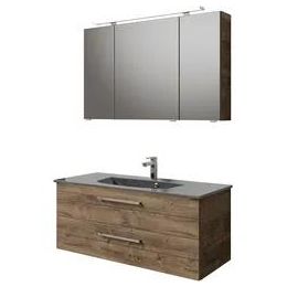 Badmöbel-Set SAPHIR "Serie 6025 2-teilig Mineralmarmor-Waschtisch mit LED-Spiegelschrank", braun (eiche ribbeck quer nb), B:117cm H:200cm T:48cm, Spanplatte, Kastenmöbel-Sets, Waschplatz 117cm breit, 2 Schubladen, 3 Spiegel-Türen, inkl Türdämpfer
