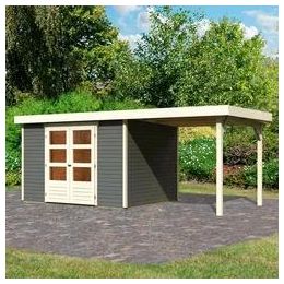Gartenhaus Karibu ""Arnis 5" SET anthrazit mit Anbaudach 2,40 m Breite", grau (terragrau, elfenbeinfarben, naturbelassen), ohne Fußboden, ohne Rück- und Seitenwand, ohne Dacheindeckung, Holzwerkstoff, Gartenhäuser, aus hochwertiger nordischer Fichte