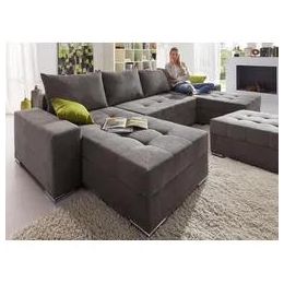 Wohnlandschaft Collection AB "Josy XL U-Form, B: 313 cm in Flachgewebe, Struktur, Kunstleder", grau, B:313cm H:84cm T:161cm, 100% Polyester, Sofas, mit Bettfunktion, Bettkasten & 2 Zierkissen, Federkern
