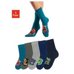 H.I.S. Socken H.I.S, M&auml;dchen, Gr. 19-22, bunt (1x navy, 1x petrol, 1x khaki, 1x hellgrau, melange, 1x blau), Baumwollmischung, gemustert, Socken Socken, mit Dinosauriermotiven