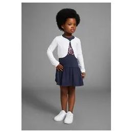 Bolero, Kleid & Leggings Kidsworld "2tlg. Set : Kleid mit Bolero-Jacke", Mädchen, Gr. 140/146, blau (marine, weiß), Jersey, Obermaterial: 95% Baumwolle, 5% Elasthan. Jacke: 100% Baumwolle, bedruckt, KOB Set-Artikel, Outfit für kleine Mädchen