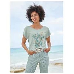 Kurzarmshirt Heine "T-Shirt", Damen, Gr. 46, grün (kalkmint), 95% Viskose, 5% Elasthan, bedruckt, geblümt, gemustert, mehrfarbig, Rundhals, Shirts