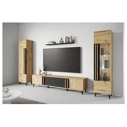 Wohnwand Inosign "Helsinki, Modernes Set mit verglaster Vitrine", schwarz (eichefarben artisan, graphite schwarz matt), B:260cm H:159,5cm T:33cm, Holzwerkstoff, Kastenmöbel-Sets, mit lamellengriffen, verstellbaren Einlegeböden und Kunststofffüßen